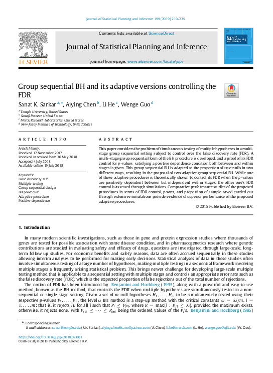 (PDF) Group sequential BH and its adaptive versions controlling the FDR
