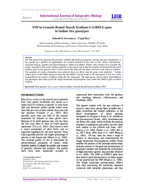 (PDF) SNP in Granule Bound Starch Synthase-I (GBSS-I) gene in Indian ...