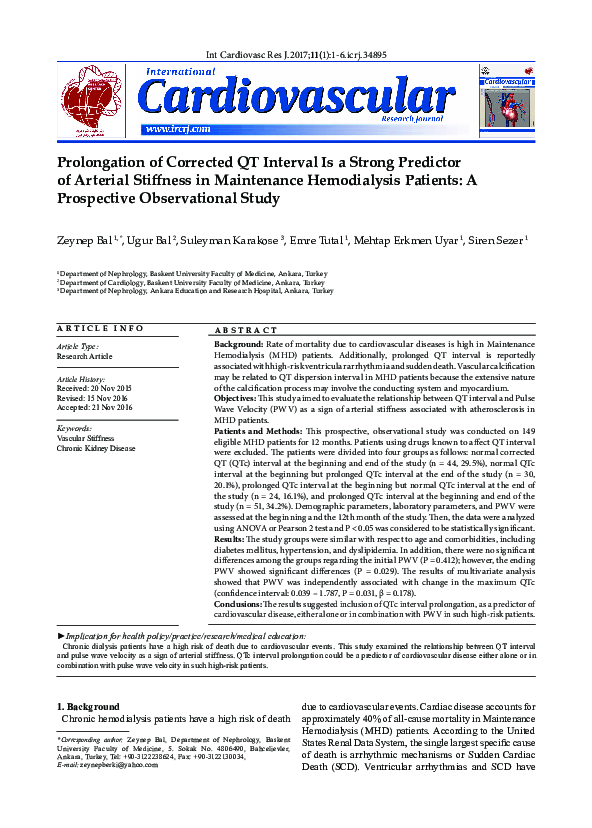 (PDF) Prolongation of Corrected QT Interval is a Strong Predictor of Arterial Stiffness in ...