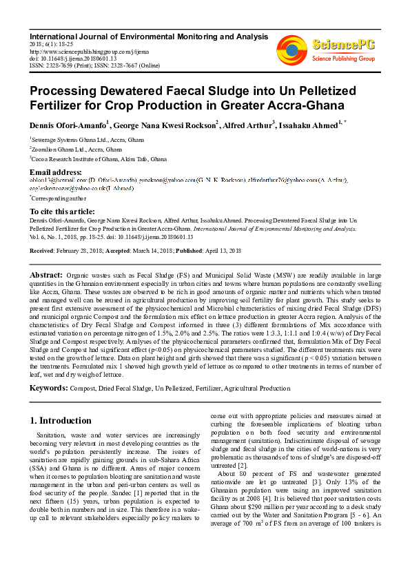 (PDF) Processing Dewatered Faecal Sludge into Un Pelletized Fertilizer for Crop Production in ...