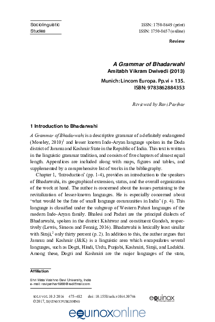 (PDF) A Grammar of Bhadarwahi, Amitabh Vikram Dwivedi (2013) Munich ...