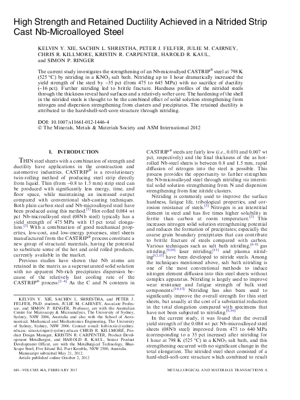 (PDF) High Strength and Retained Ductility Achieved in a Nitrided Strip Cast Nb-Microalloyed Steel