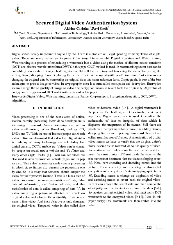 (PDF) Secured Digital Video Authentication System | Aldrina Christian ...