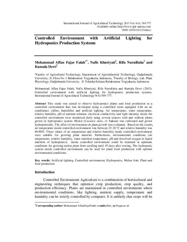 (PDF) Controlled environment with artificial lighting for hydroponics production systems