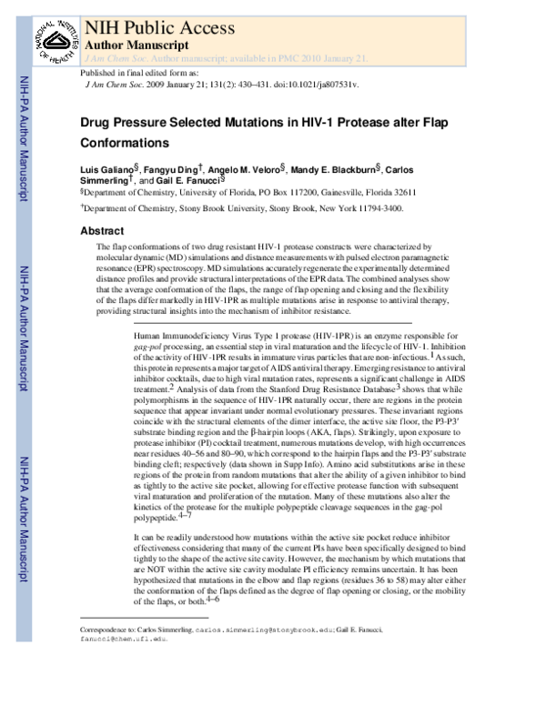 (PDF) Drug Pressure Selected Mutations in HIV-1 Protease Alter Flap Conformations