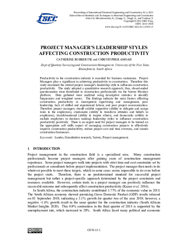 (PDF) Project Manager's Leadership Styles Affecting Construction ...