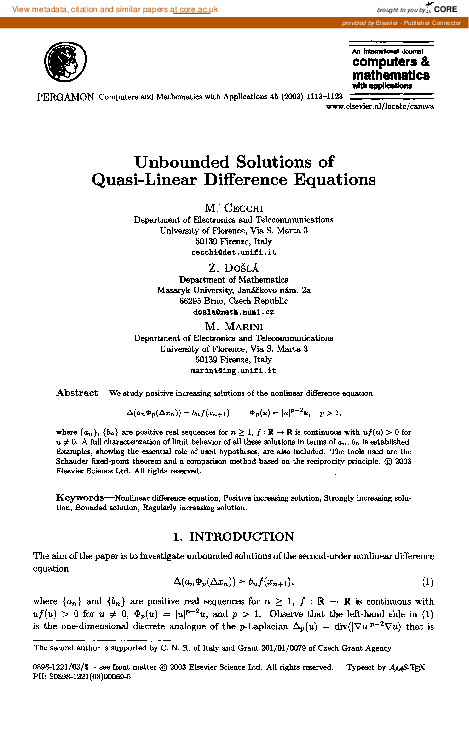 (PDF) Unbounded solutions of quasi-linear difference equations