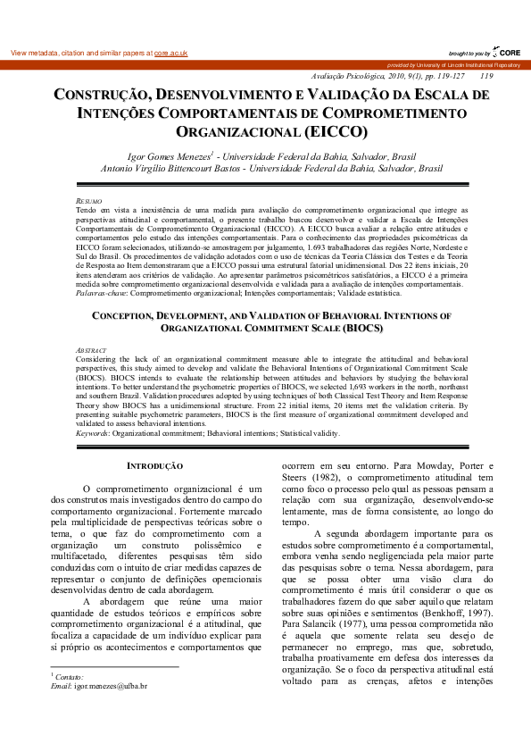 (PDF) Conception, development, and validation of the Behavioral Intentions of Organizational ...