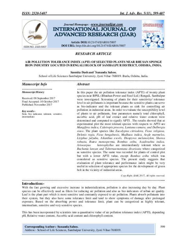(PDF) Air Pollution Tolerance Index (Apti) of Selected Plants Near ...
