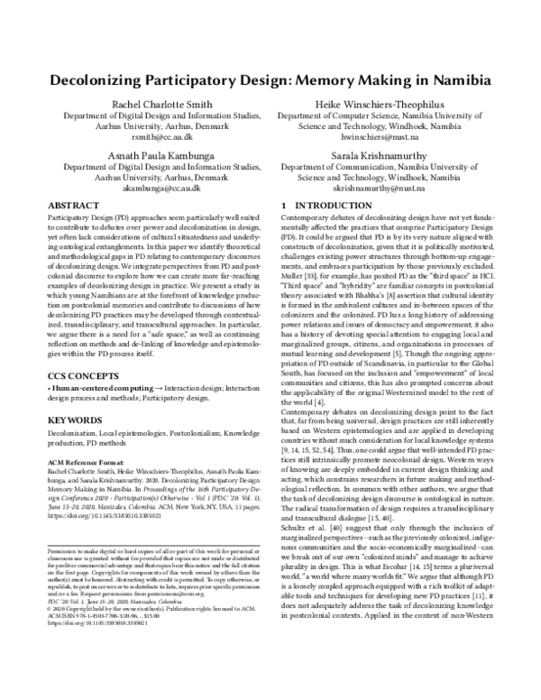 (PDF) Decolonizing Participatory Design: Memory Making in Namibia