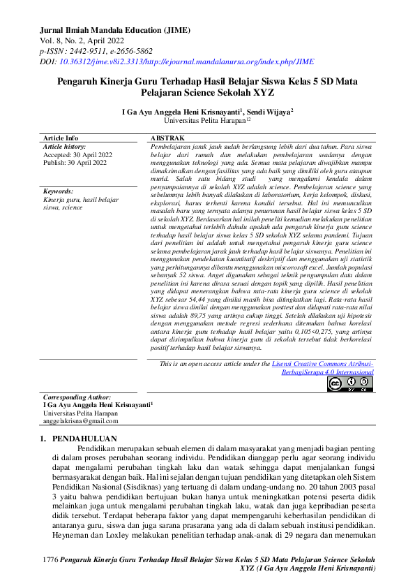 (PDF) Pengaruh Kinerja Guru Terhadap Hasil Belajar Siswa Kelas 5 SD Mata Pelajaran Science ...