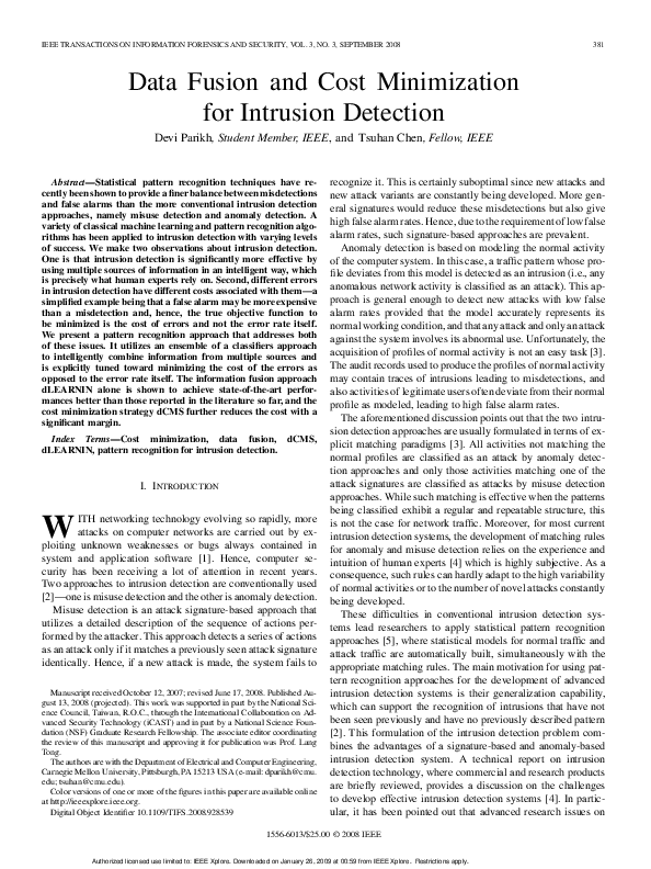 (PDF) Data fusion and cost minimization for intrusion detection