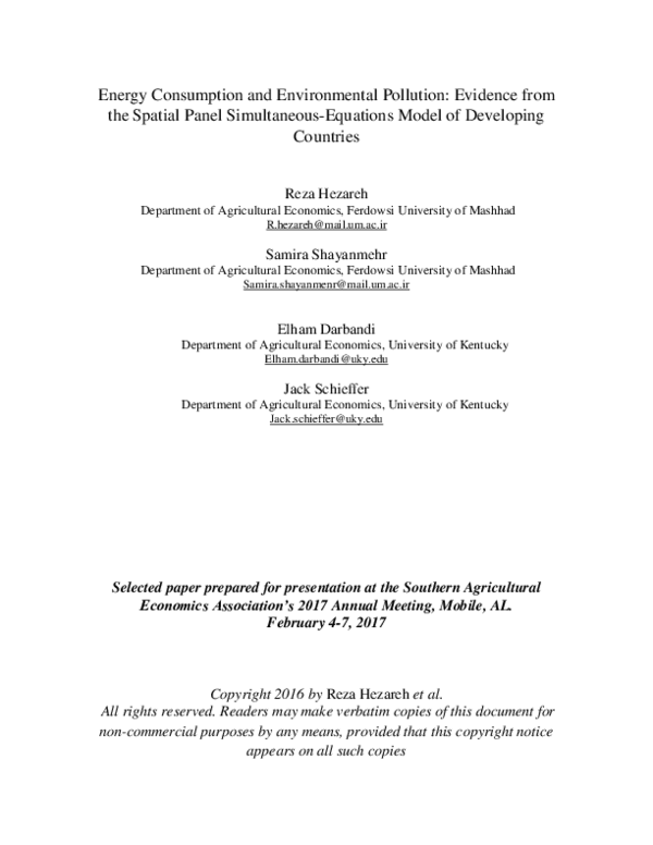 (PDF) Energy Consumption and Environmental Pollution: Evidence from the Spatial Panel ...