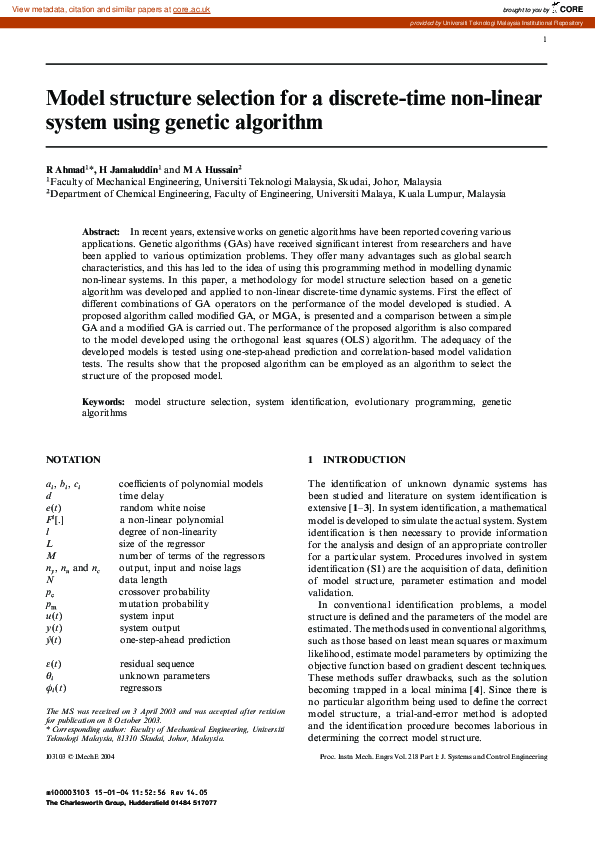 (PDF) Model structure selection for a discrete-time non-linear system using a genetic algorithm