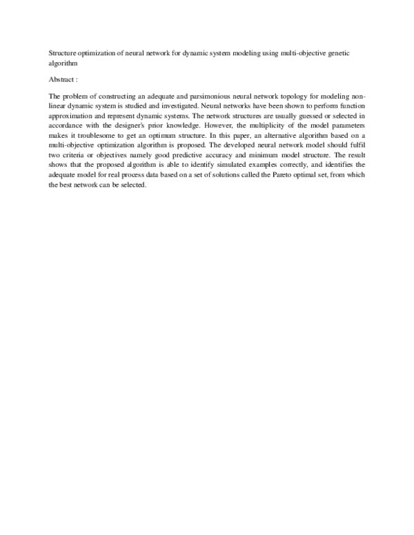 (PDF) Structure optimization of neural network for dynamic system modeling using multi-objective ...