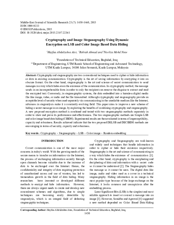 Pdf Cryptography And Image Steganography Using Dynamic Encryption On