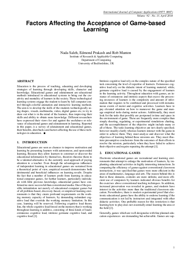 Pdf Factors Affecting The Acceptance Of Game Based Learning