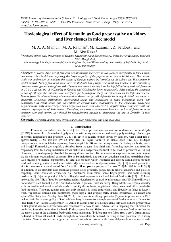 (PDF) Toxicological effect of formalin as food preservative on kidney ...