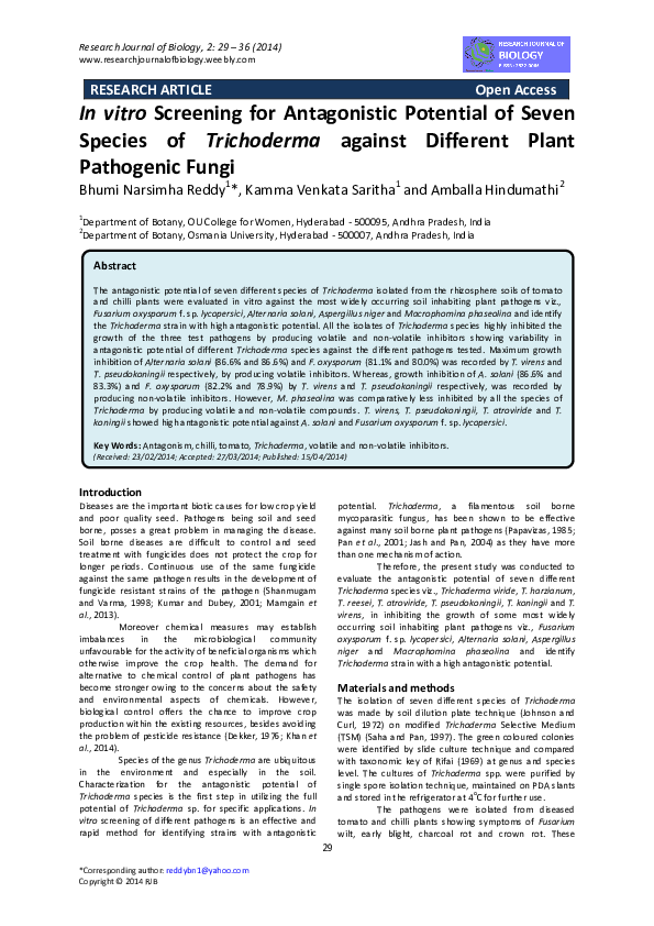 Pdf In Vitro Screening For Antagonistic Potential Of Seven Species Of