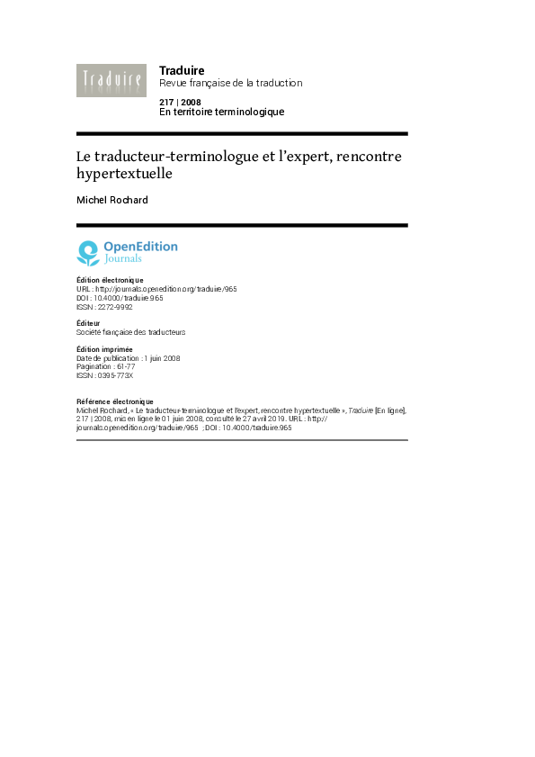 (PDF) Le traducteur-terminologue et l’expert, rencontre hypertextuelle