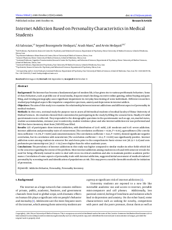 (PDF) Internet Addiction Based on Personality Characteristics in ...