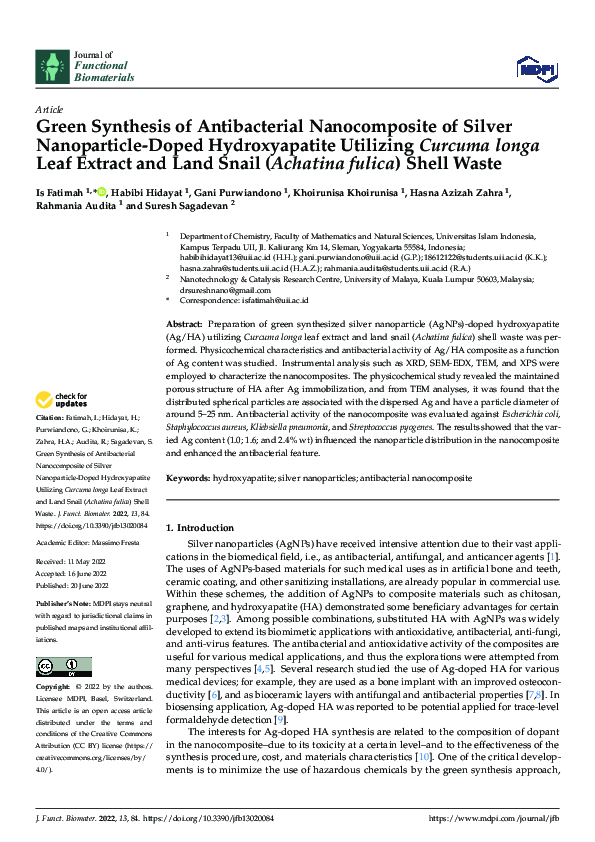 (PDF) Green Synthesis of Antibacterial Nanocomposite of Silver Nanoparticle-Doped Hydroxyapatite ...