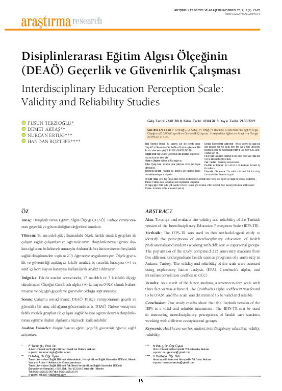 (PDF) Interdisciplinary Education Perception Scale: Validity and Reliability Studies