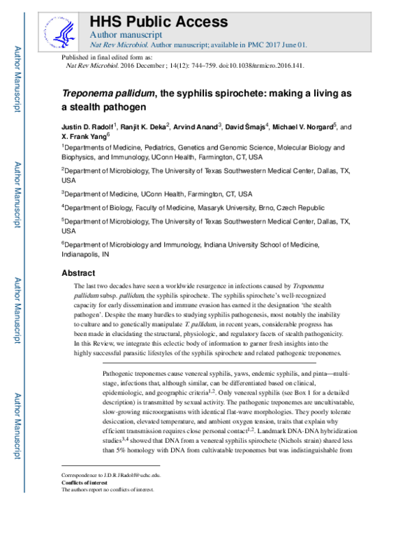 (PDF) Treponema pallidum, the syphilis spirochete: making a living as a ...