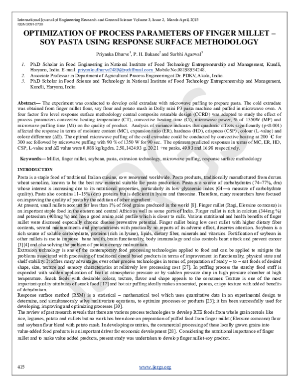 (PDF) Optimization of Process Parameters of Finger Millet - Soy Pasta Using Response Surface ...