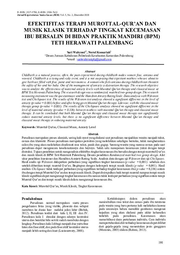(PDF) Efektifitas Terapi Murottal-Qur’An Dan Musik Klasik Terhadap Tingkat Kecemasan Ibu ...