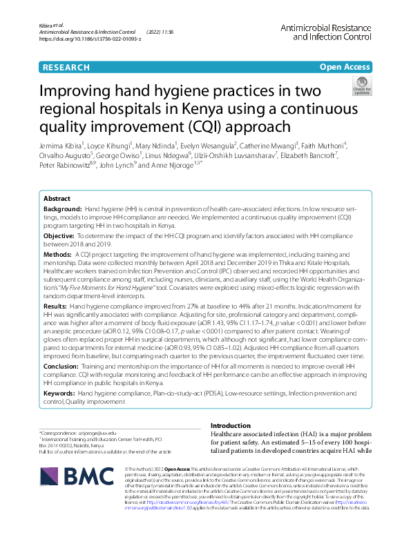 (PDF) Improving hand hygiene practices in two regional hospitals in Kenya using a continuous ...