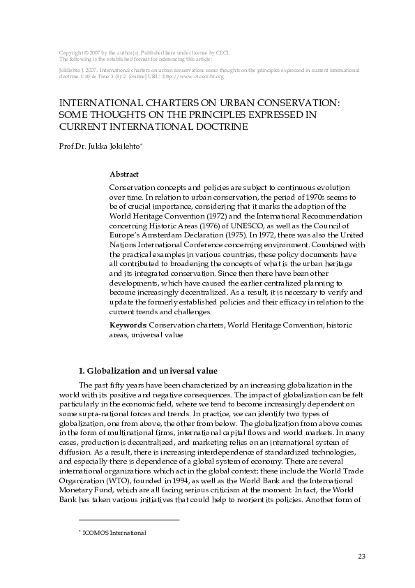 (PDF) International Charters on Urban Conservation: Some Thoughts on ...