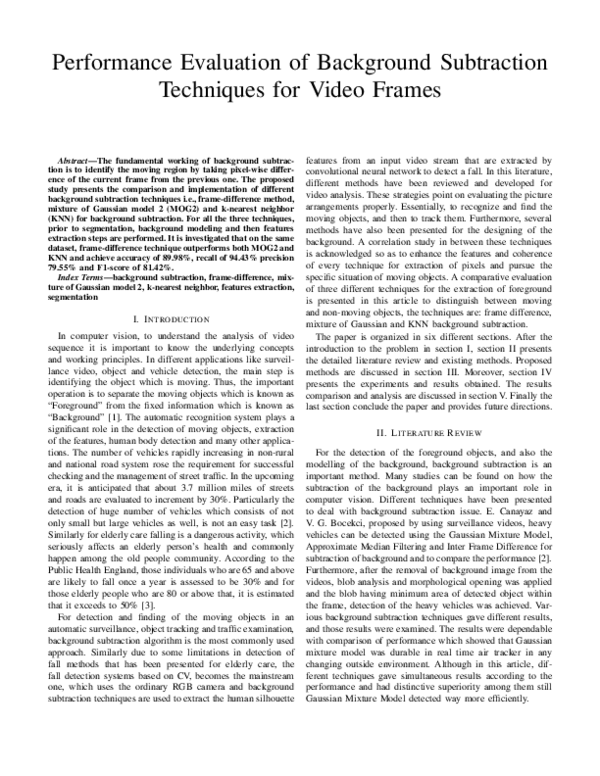 Pdf Performance Evaluation Of Background Subtraction Techniques For Video Frames 
