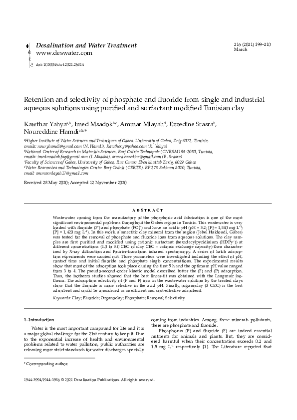Pdf Retention And Selectivity Of Phosphate And Fluoride From Single And Industrial Aqueous