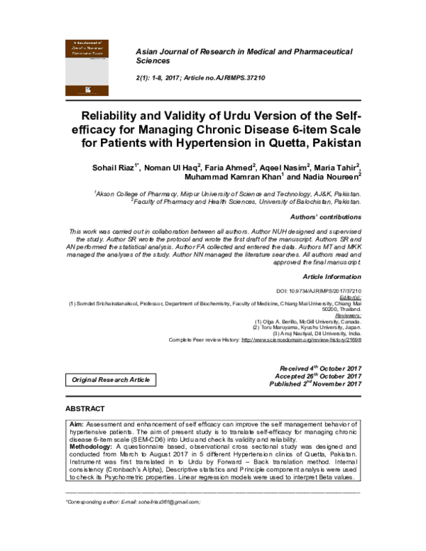 (PDF) Reliability and Validity of Urdu Version of the Self-efficacy for Managing Chronic Disease ...