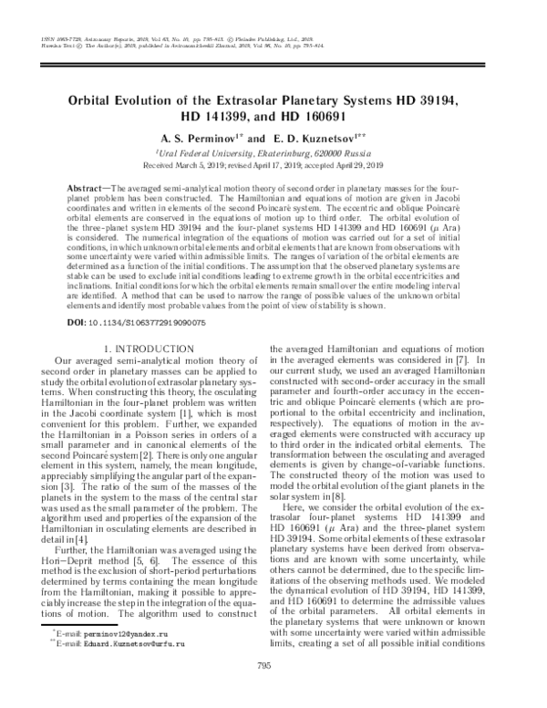(PDF) Orbital Evolution of the Extrasolar Planetary Systems HD 39194 ...
