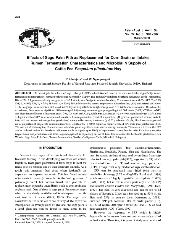 (PDF) Effects of Sago Palm Pith as Replacement for Corn Grain on Intake ...