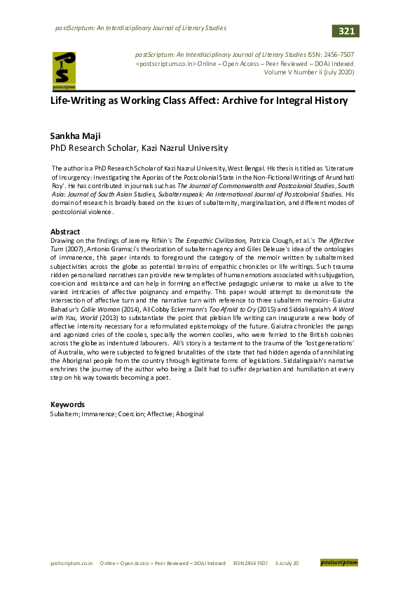 (PDF) Life-Writing as Working Class Affect: Archive for Integral History