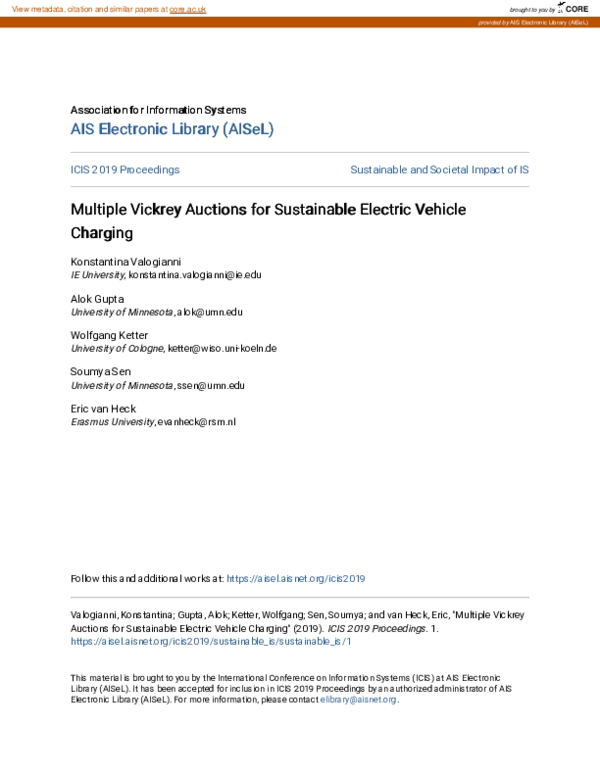 (PDF) Multiple Vickrey Auctions for Sustainable Electric Vehicle Charging