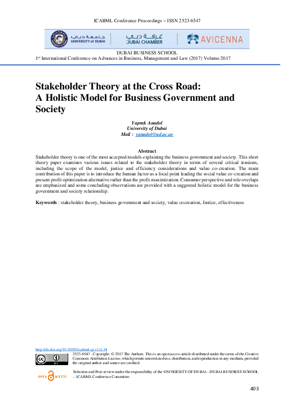 Pdf Stakeholder Theory At The Cross Road A Holistic Model For Business Government And Society