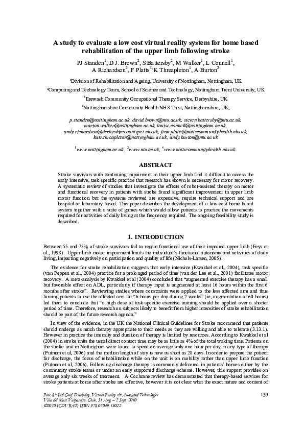 (PDF) A study to evaluate a low cost virtual reality system for home based rehabilitation of the ...