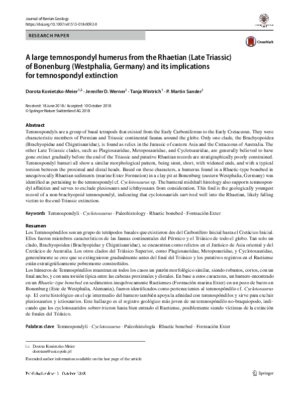 (PDF) A large temnospondyl humerus from the Rhaetian (Late Triassic) of ...