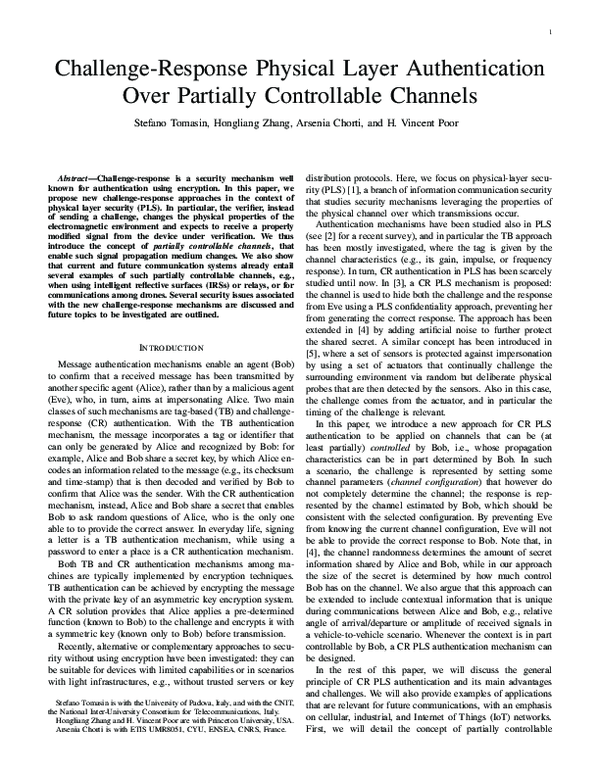 (PDF) Challenge-Response Physical Layer Authentication Over Partially Controllable Channels