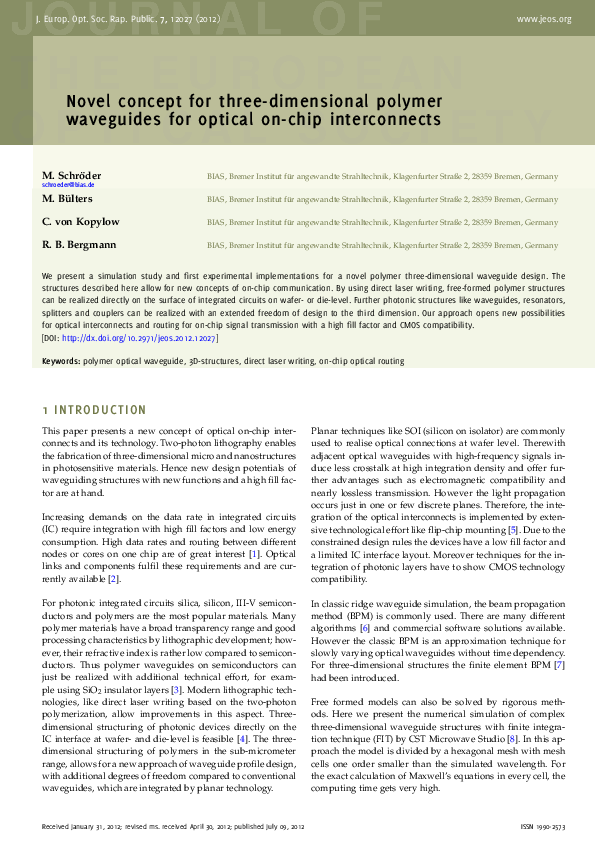 Pdf Novel Concept For Three Dimensional Polymer Waveguides For Optical On Chip Interconnects