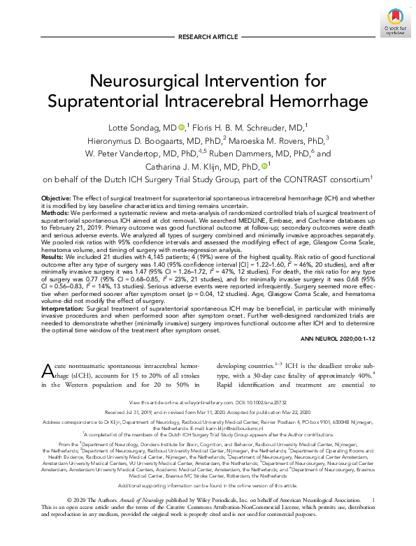 (PDF) Neurosurgical Intervention for Supratentorial Intracerebral Hemorrhage