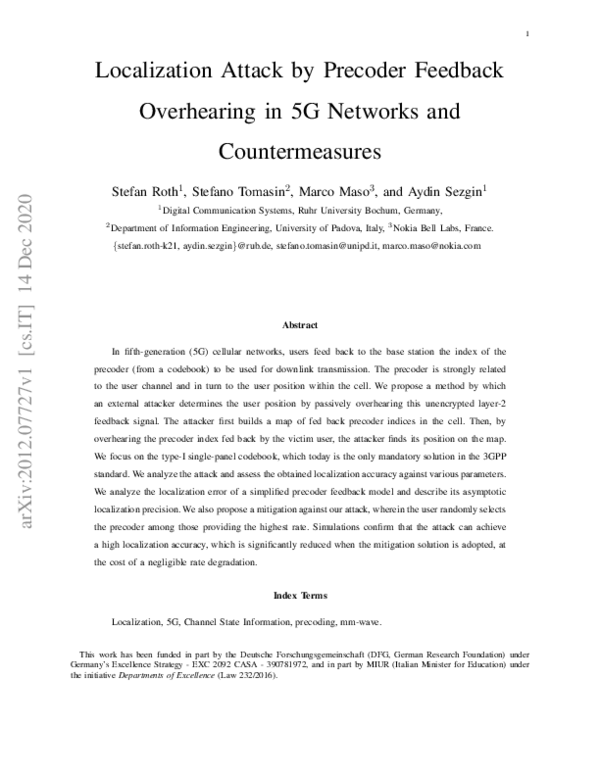(PDF) Localization Attack by Precoder Feedback Overhearing in 5G Networks and Countermeasures