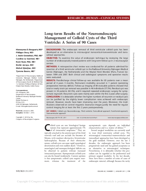 (PDF) Long-term results of the neuroendoscopic management of colloid ...