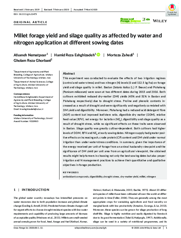 (PDF) Millet forage yield and silage quality as affected by water and ...