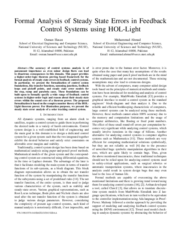 (PDF) Formal Analysis of Steady State Errors in Feedback Control Systems Using HOL-Light ...