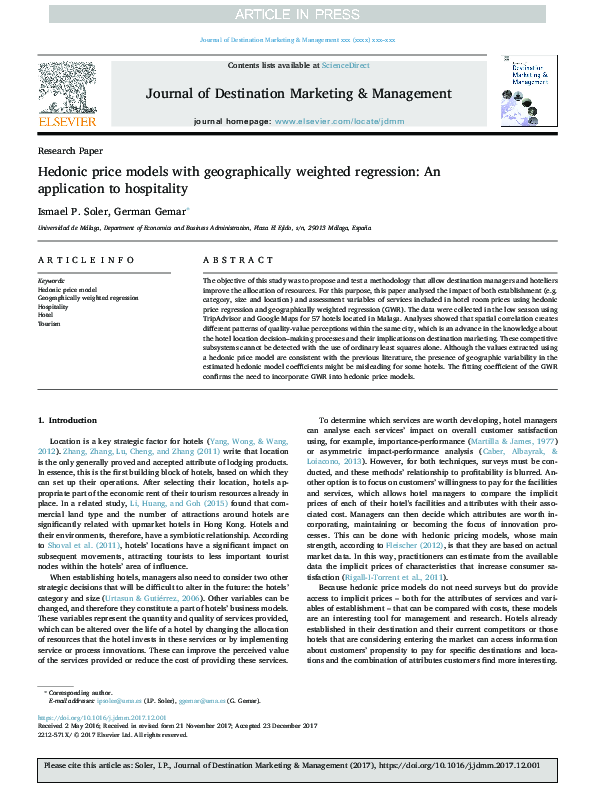 (PDF) Hedonic price models with geographically weighted regression: An application to hospitality